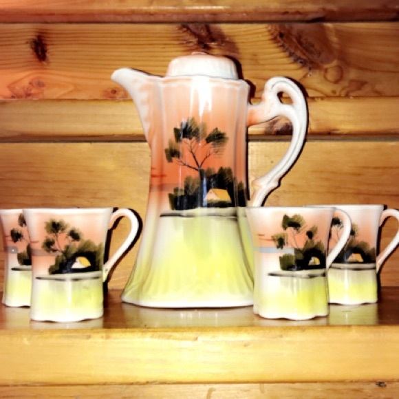 Dining | Vintage Handpainted 5pc Pitcher Cup Set | Poshmark
